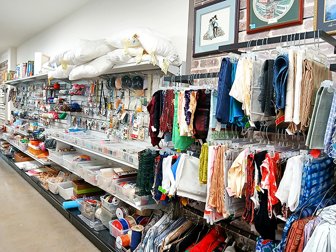 Crafting supplies galore—where abandoned projects find new purpose. That fabric could become a quilt, curtains, or just another unfinished project.