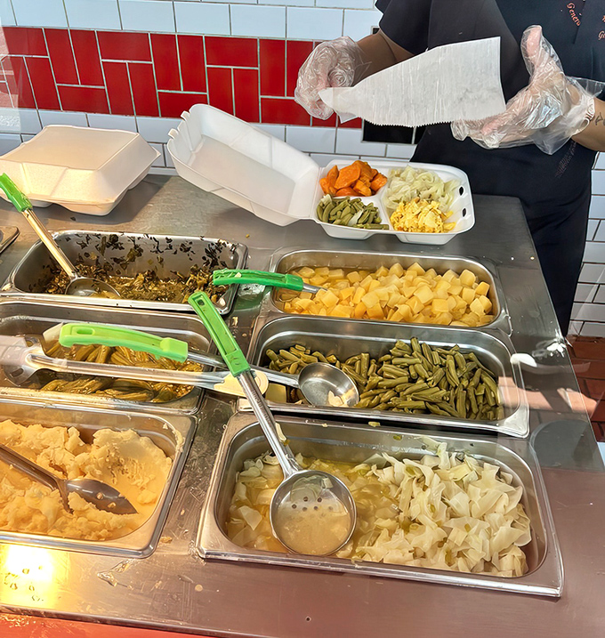The steam table of dreams—where vegetables aren't just sides but celebrations. Each spoonful represents hours of slow, patient cooking.