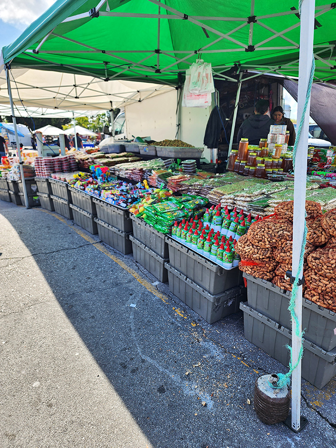 Bins overflowing with nuts, candies, and dried fruits create a snacker's paradise under a green tent.
