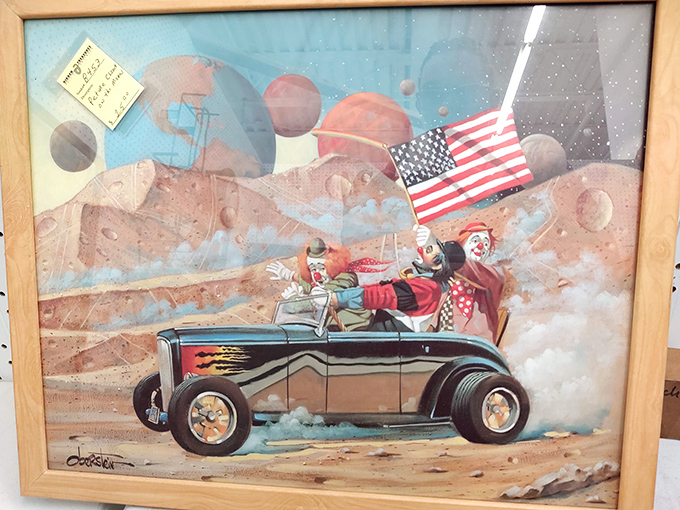 Whimsical artwork where clowns, hot rods, and space exploration collide in a nostalgic American fever dream.