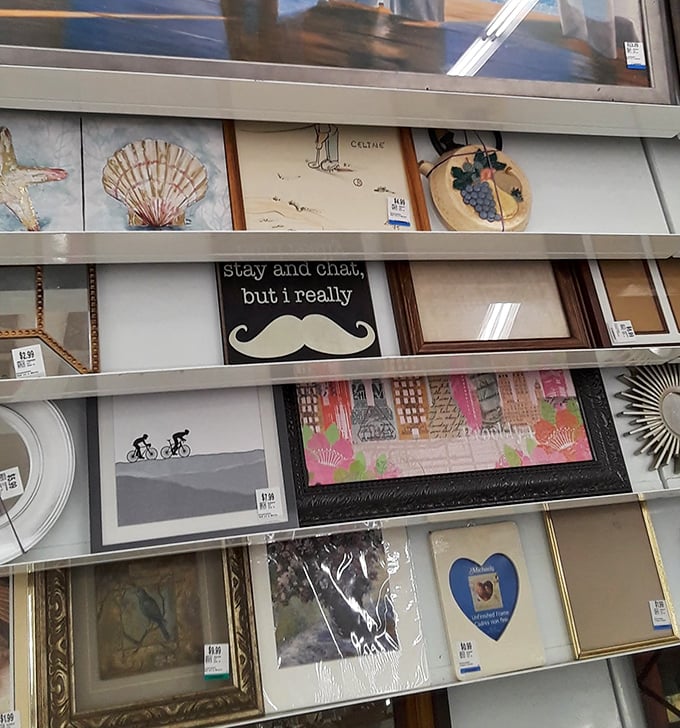 Wall art ranges from mass-produced inspirational quotes to hidden gems that might just be someone's abandoned art school project or genuine thrift store gold.