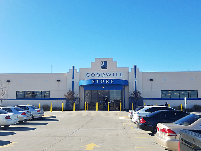 Goodwill's welcoming entrance promises an adventure where $40 can transform your wardrobe, your home, or your next costume party.