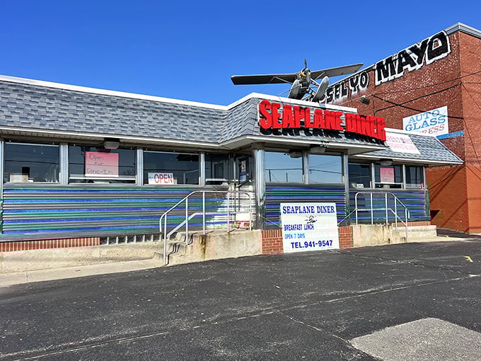 The Seaplane Diner stands proud against a clear blue sky, its vintage charm and no-nonsense approach to good food drawing hungry pilgrims daily.