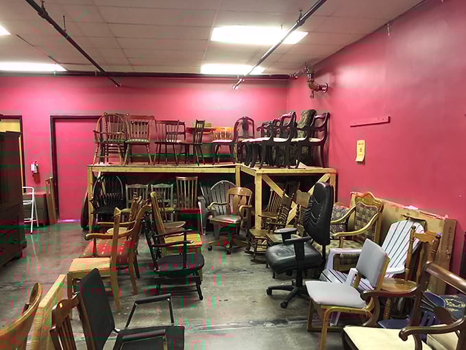 The chair collection resembles a furniture family reunion where every eccentric relative showed up. That rocker has some stories to tell.