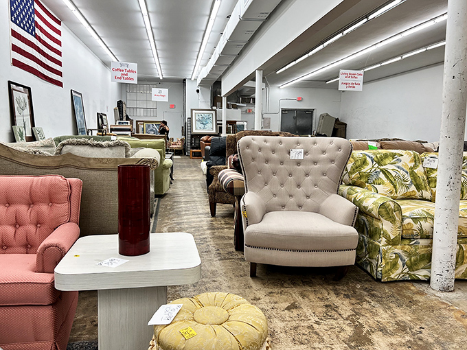 The furniture section resembles a living room lineup where mid-century meets Florida retirement chic. Comfort at clearance prices!