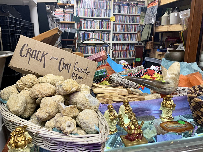 "Crack your own geode" promises the handwritten sign. For three bucks, you get to play geologist and potentially discover your own crystal cathedral.