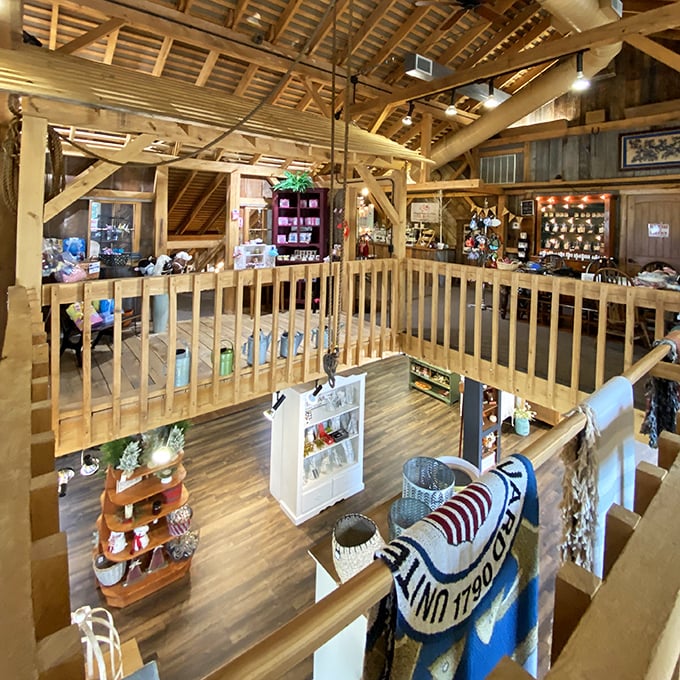 The gift shop spans two levels of handcrafted goods, proving the Amish Door experience extends far beyond those famous potatoes.