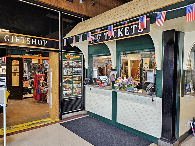 The museum's ticket booth and gift shop entrance welcomes visitors with the same charm that greeted travelers in the heyday of passenger rail.