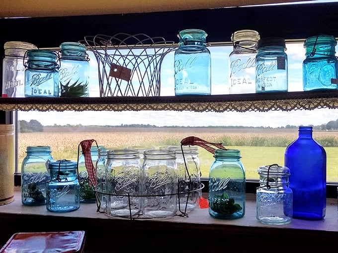 Blue Ball mason jars catch window light like aquatic treasures, their azure glass a testament to preservation techniques that kept America fed for generations.