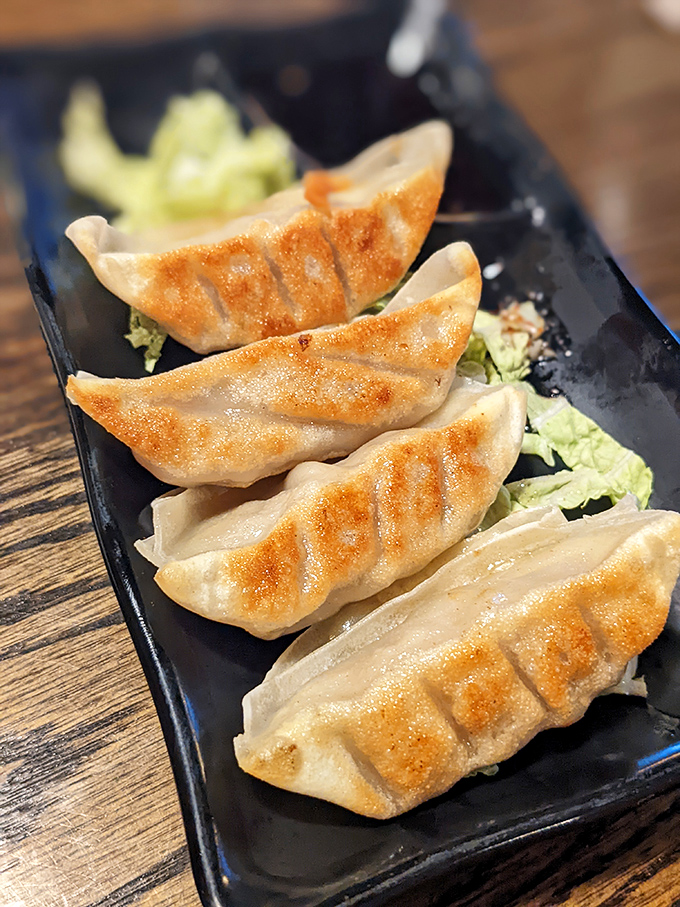 Golden-brown gyoza that crackle with promise, lined up like soldiers ready to march straight into flavor battle&mdash;and win.