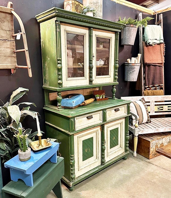This isn't just a green cabinet&mdash;it's a farmhouse kitchen's missing character piece, patiently waiting for its next century of use.