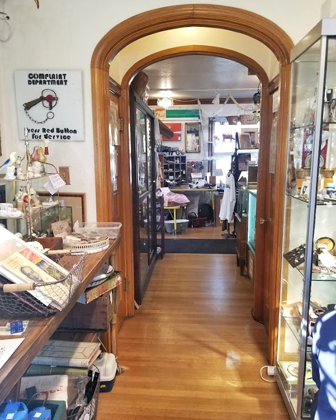 Elegant archways lead deeper into rooms of wonder, past a "Complaint Department" sign that promises interesting customer service.