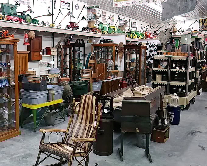 A collector's paradise where every corner reveals new treasures. That wooden chair has probably heard more stories than a small-town barber.
