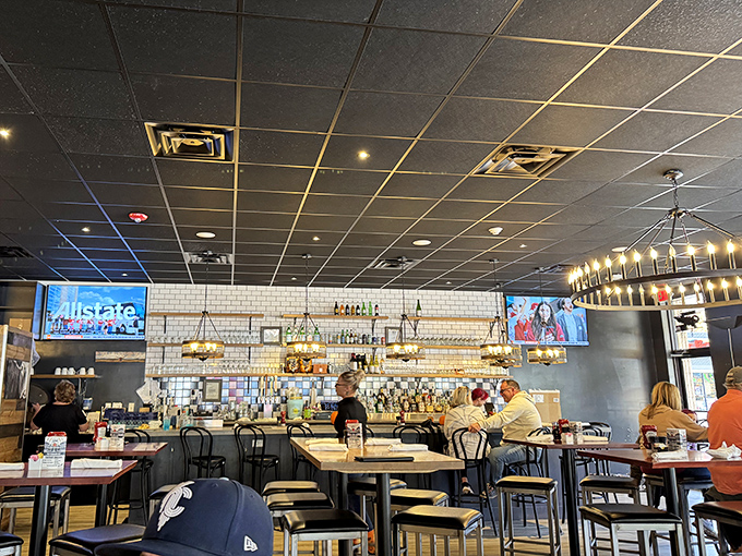 The modern bar area turns breakfast into an event&mdash;where pancakes and mimosas become the perfect pairing for catching up with friends.