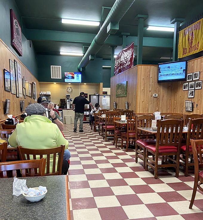 The checkerboard floor leads you through a diner that understands breakfast isn't just a meal&mdash;it's a cornerstone of civilization.