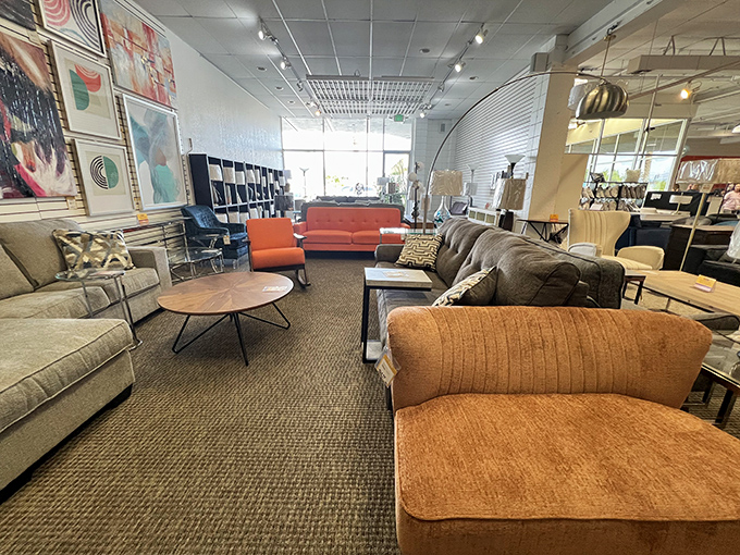 Sofa safari where every seating option tells a different style story&mdash;from burnt orange modernism to camel-colored mid-century cool.