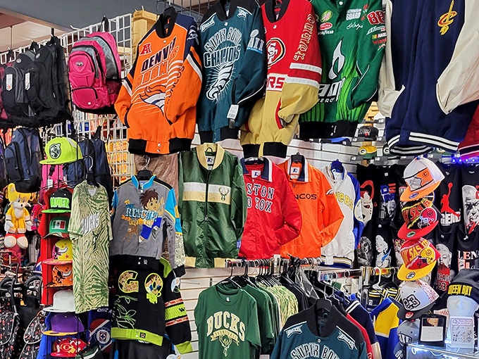 Sports jerseys hang like a tribute to Midwest team loyalty, where Packers and Bucks reign supreme.