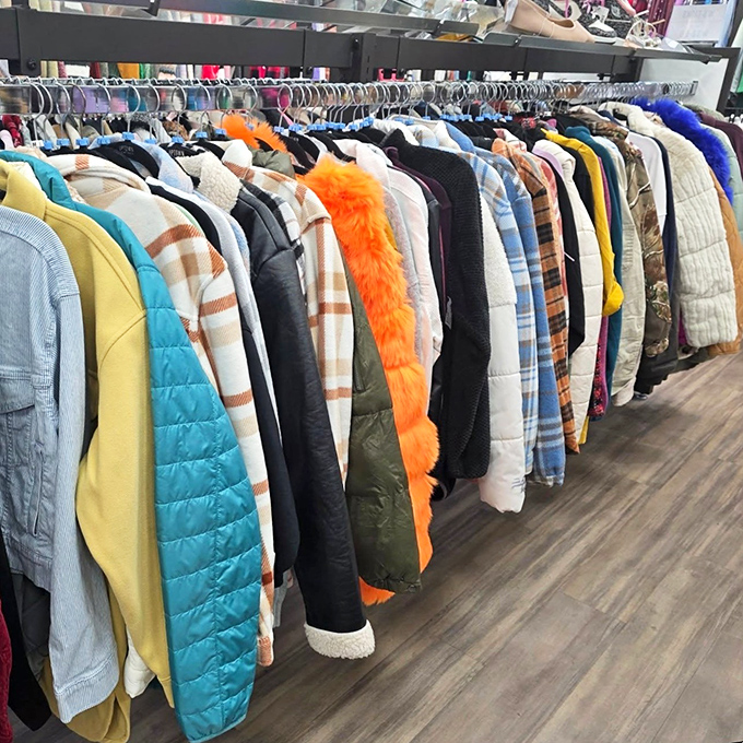 A rainbow of jackets including that eye-catching orange number&mdash;because standing out in a crowd shouldn't require standing in the returns line later.