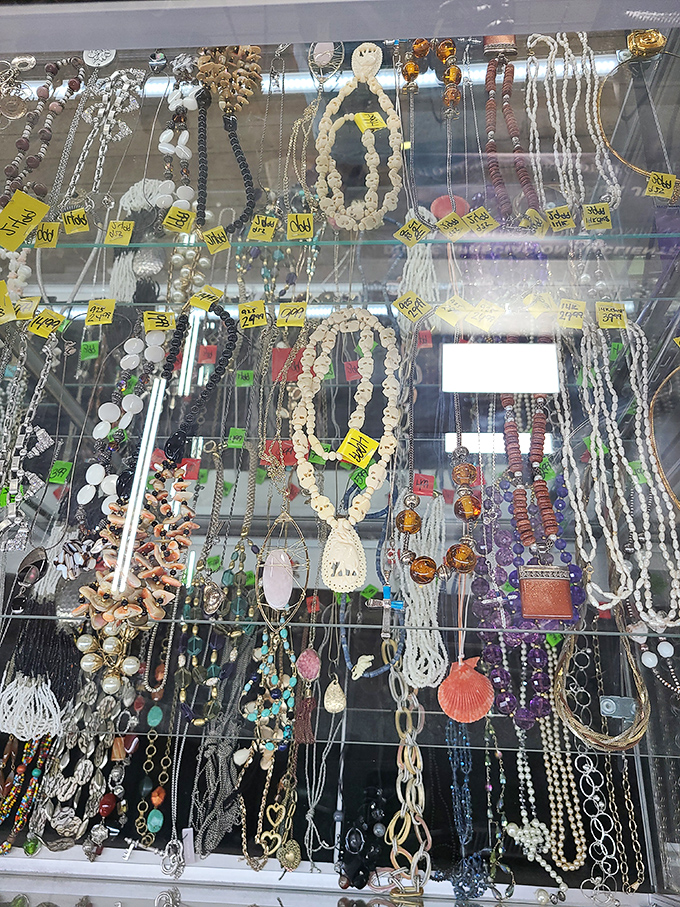 Jewelry treasures behind glass &ndash; some costume, some maybe not, all priced to make you feel like a savvy detective.