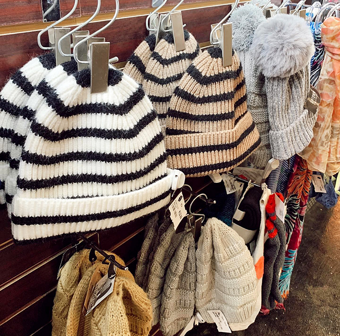 Cozy knit beanies in nautical stripes and neutral tones stand ready for Virginia's unpredictable winter weather, no first-owner premium required.