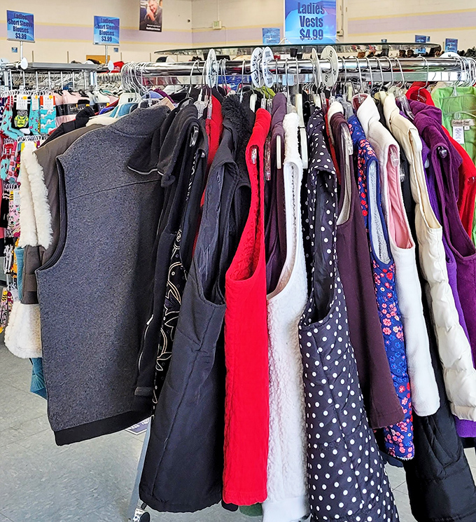 Ladies' vests lined up like contestants in a very practical fashion show, each with its own personality.