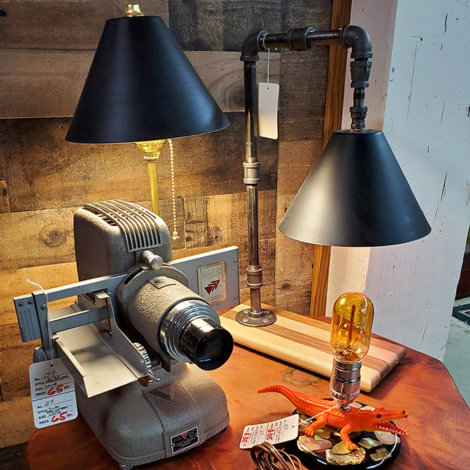 Industrial chic before it was trendy&mdash;pipe lamps and a vintage projector creating the perfect corner for reading noir fiction on rainy Oregon nights.