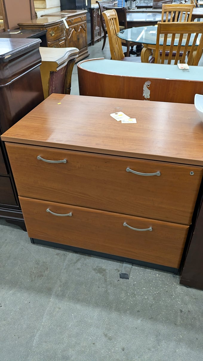 A sturdy filing cabinet that's seen its share of office secrets&mdash;now ready to organize your home paperwork with retro, wood-paneled efficiency.