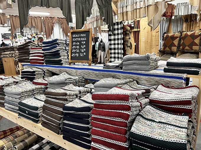 Scatter rugs stacked with military precision, each one promising to be the exact thing your entryway has been missing all these years.