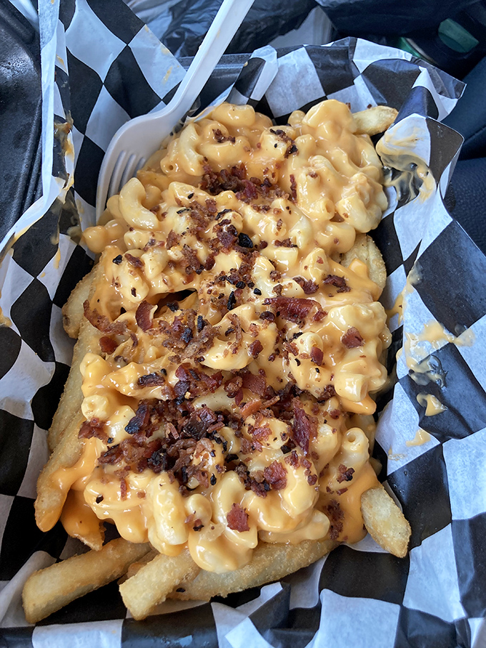 Mac and cheese fries &ndash; where two comfort foods collide in bacon-sprinkled harmony. Diet food? No. Worth it? Absolutely.