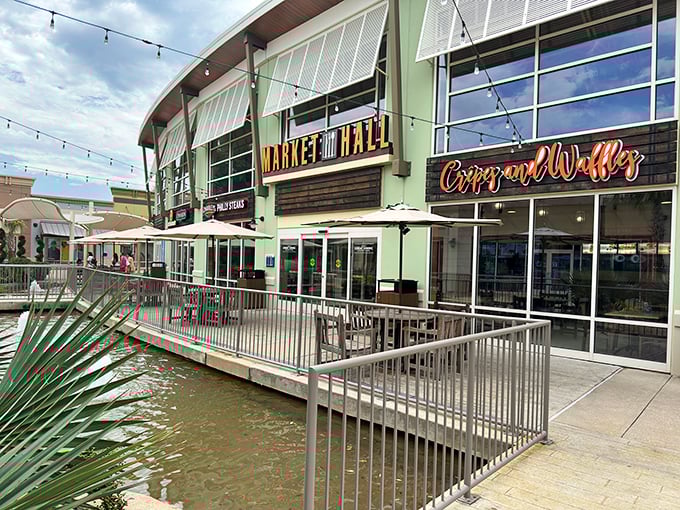 Restaurant options line the walkways, ensuring no shopping expedition ends due to hunger or exhaustion.