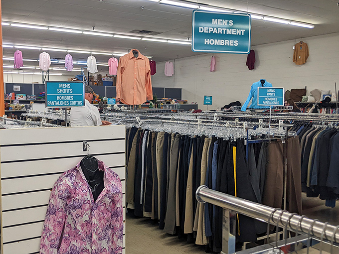 The men's department: where retired golf pants and barely-worn dress shirts get their second swing at life.