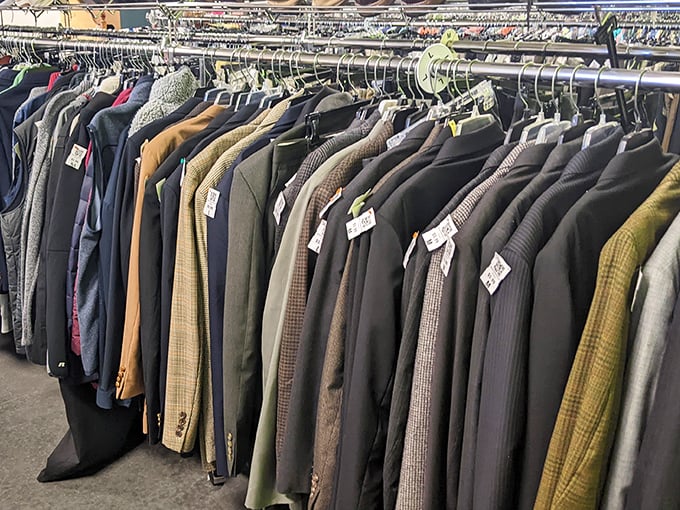 Men's suiting section: where job interviews and wedding attire become affordable possibilities. That tweed blazer has professor-with-style written all over it.