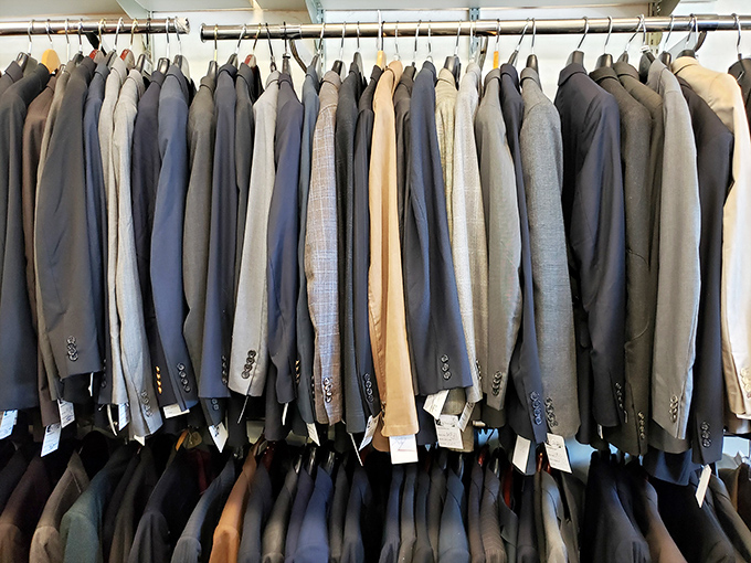 The suit section stands like soldiers at attention&mdash;each blazer and trouser combo once helped an actor become someone else entirely.