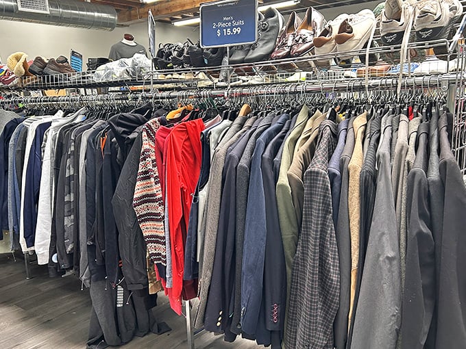 Men's suits that have seen boardrooms and weddings now await their next big moment. Power dressing at thrift prices!