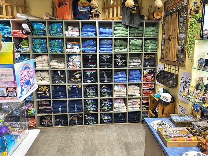 The merch wall proves that people don't just want to eat at Mo's&mdash;they want to take a piece of this coastal legend home.