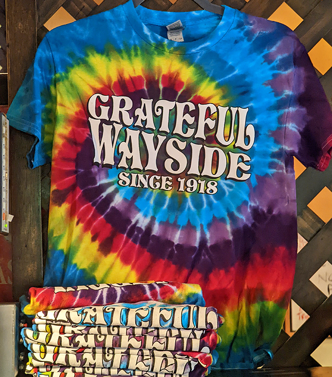 Tie-dye merchandise that says, "Yes, we've been here since 1918, but we still know how to keep it groovy." Vermont's culinary Deadheads.