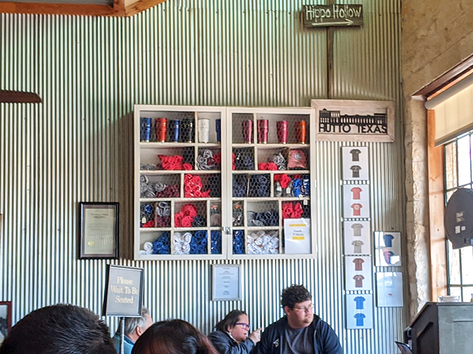 Local pride on display with Hutto merchandise&mdash;because when you've found a place this good, you want to wear the t-shirt to spread the gospel.