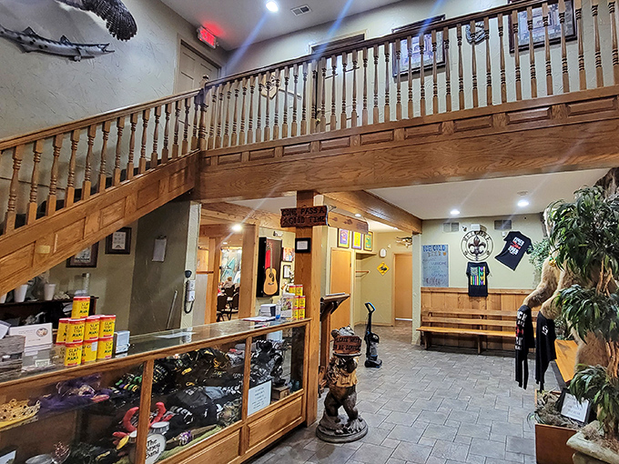 A grand staircase that makes you feel like royalty, even if you're just heading up to wash hushpuppy crumbs off your hands.
