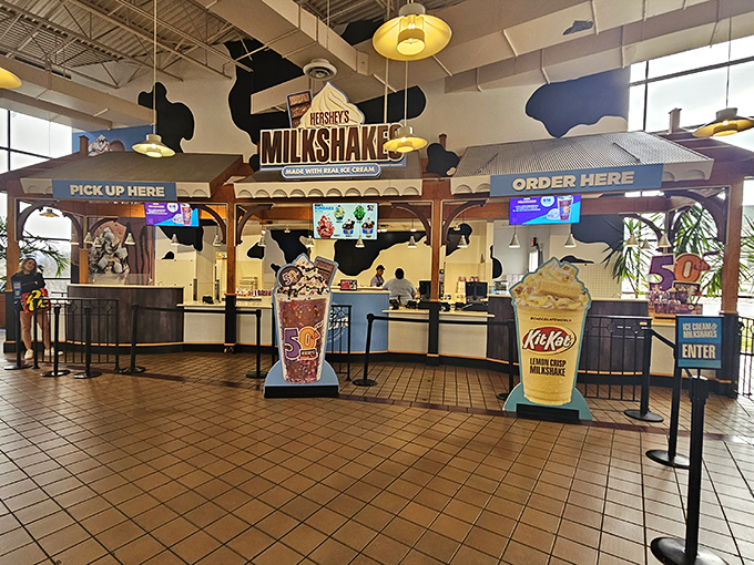 The milkshake counter stands ready for action, with life-sized shake displays that serve as beacons for the sweet-toothed pilgrims who journey here.