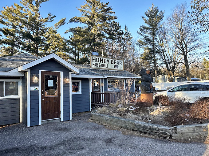 The blue exterior might have changed from the original photos, but that bear statue remains &ndash; a silent sentinel guarding generations of good meals.