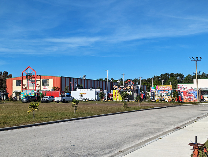 The exterior view reveals a shopping compound that's less about architectural beauty and more about the treasures waiting inside.