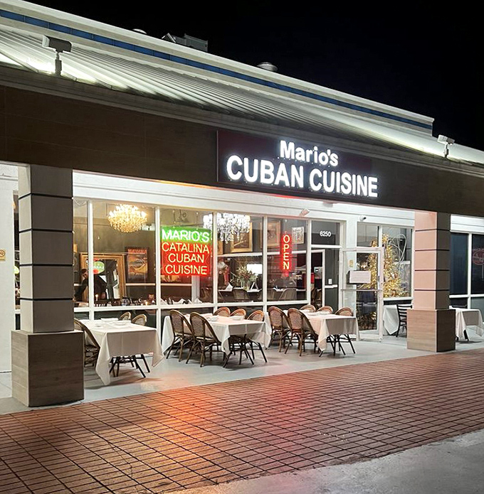 After dark, Mario's glows like a beacon for hungry souls. The neon promises Cuban cuisine that lives up to the bright lights.