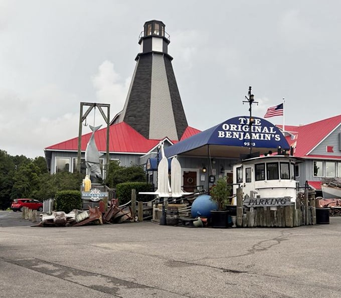 The exterior lighthouse view on a cloudy day &ndash; still standing tall, still guiding hungry travelers to their seafood destiny.