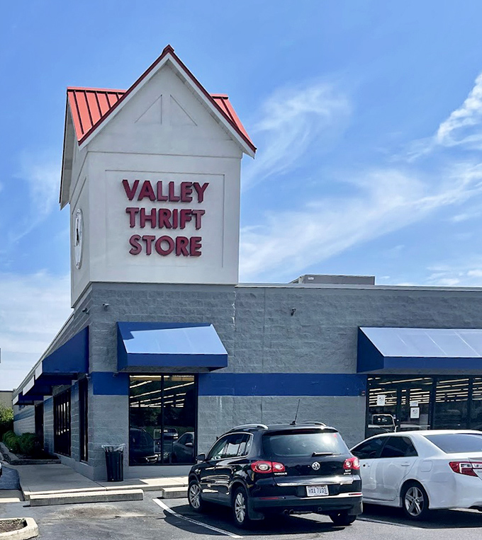 The distinctive tower and awnings make Valley Thrift Store an architectural landmark in Cincinnati's retail landscape. Treasure hunters, your destination awaits!