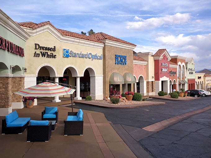 Outdoor seating areas invite weary shoppers to rest their feet and count their savings before the next round of retail therapy.