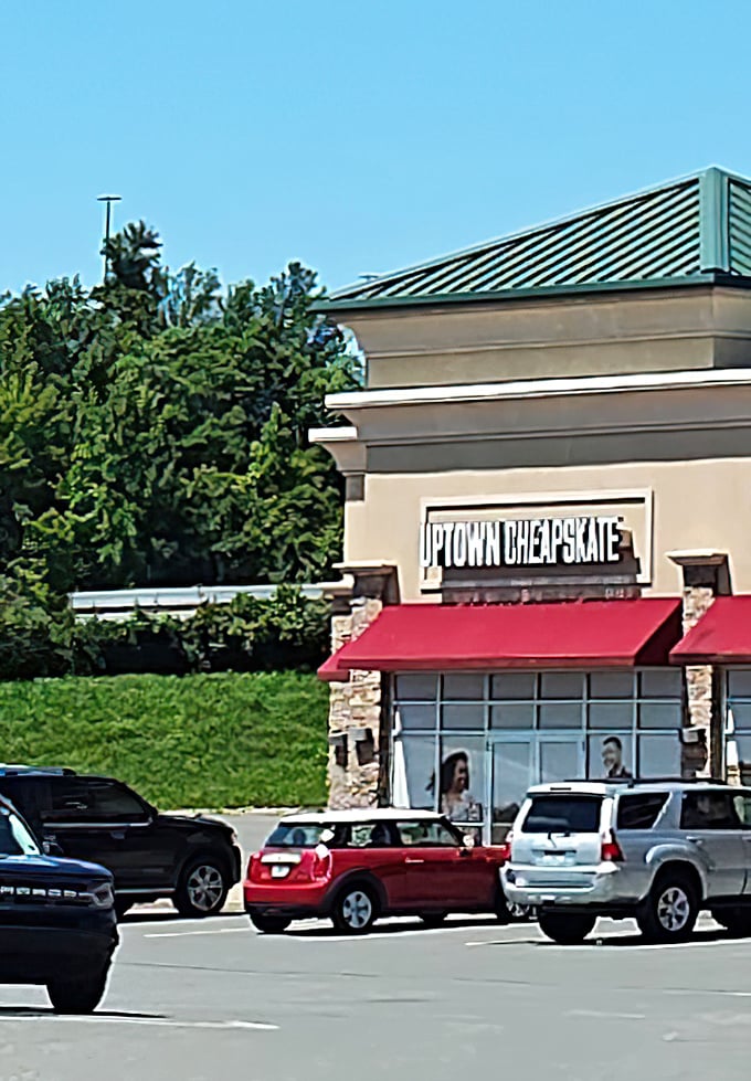 The exterior view showcases Uptown Cheapskate's prime location. Easy parking means more energy for the treasure hunt that awaits inside.