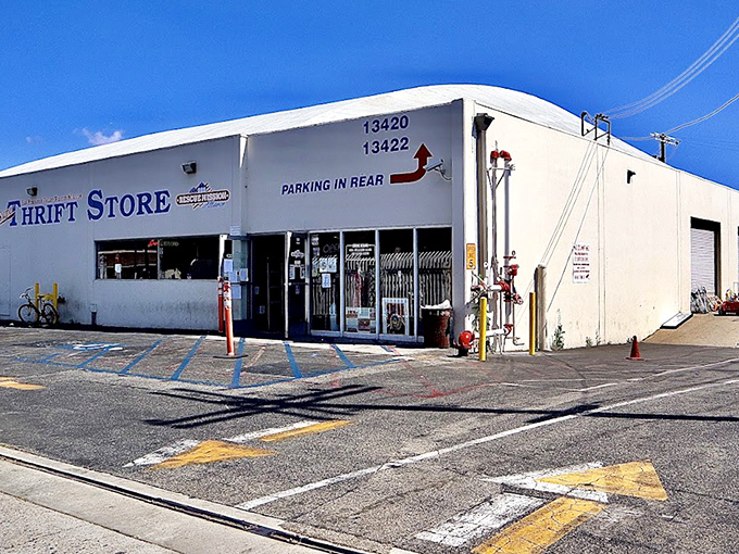 Another angle of the no-frills exterior that proves the old adage: never judge a thrift store by its parking lot. The real magic happens inside.
