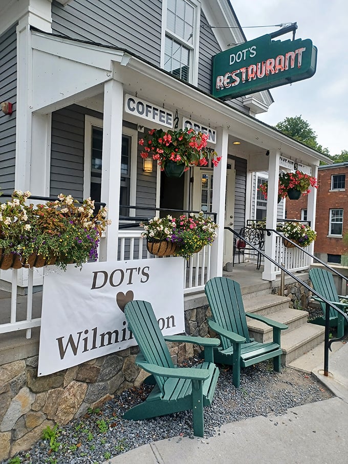 Adirondack chairs on the porch invite you to linger. The "Dot's &hearts; Wilmington" banner says everything about this beloved local institution.