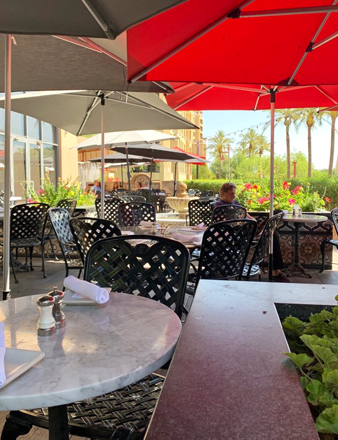 Outdoor dining under Scottsdale's impossibly blue sky – where umbrellas create islands of shade and every table feels like the best seat in the house.