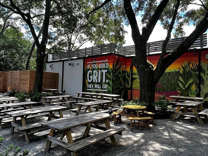 The outdoor patio, where picnic tables under shade trees create the perfect setting for that post-chicken and waffles food euphoria. 